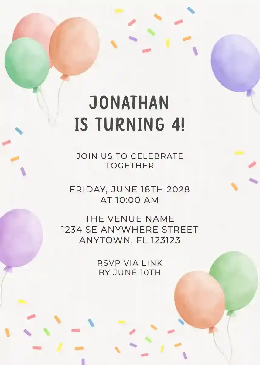 Balloon And Confetti - Free Kids Birthday Invitation Templates | Invitanku